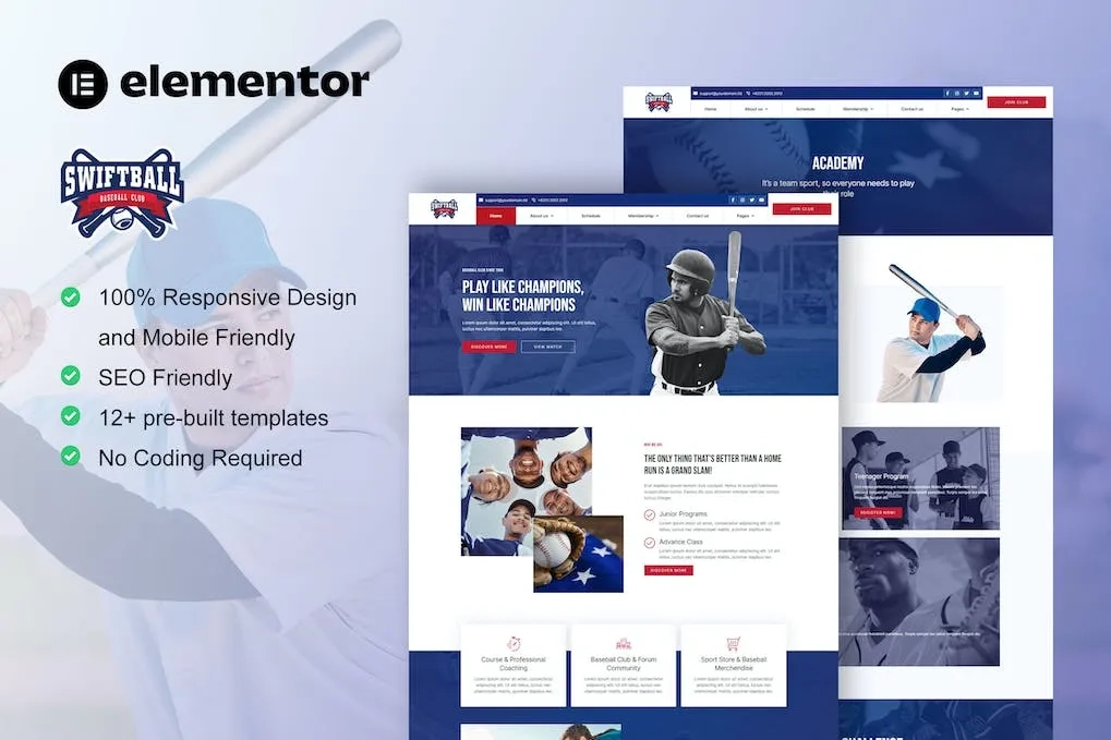 SwiftBall – BaseBall Team & Sport Club Elementor Pro Template Kit - No ...